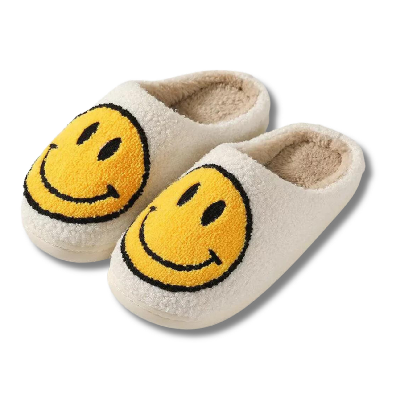 FUZZY HAPPY FACE SLIPPERS - BLACK + YELLOW – CONFETTIMYPARTY